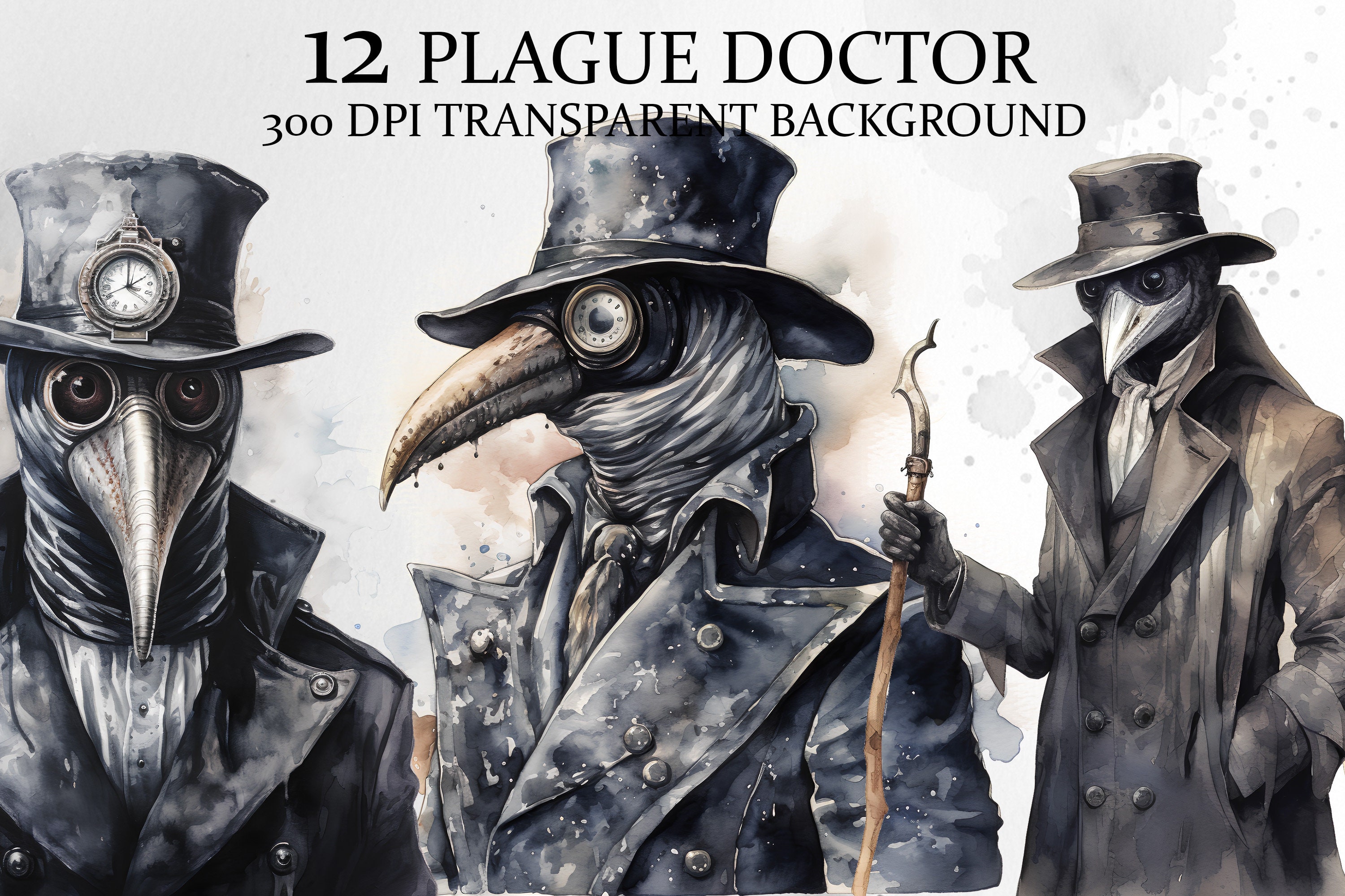 Watercolor Plague Doctor Clipart PNG 12 Plague Doctor Bundle, Gothic ...