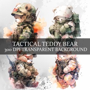 17 Watercolor Teddy Bear in a Tactical Suit PNG, Army Teddy Bear ...