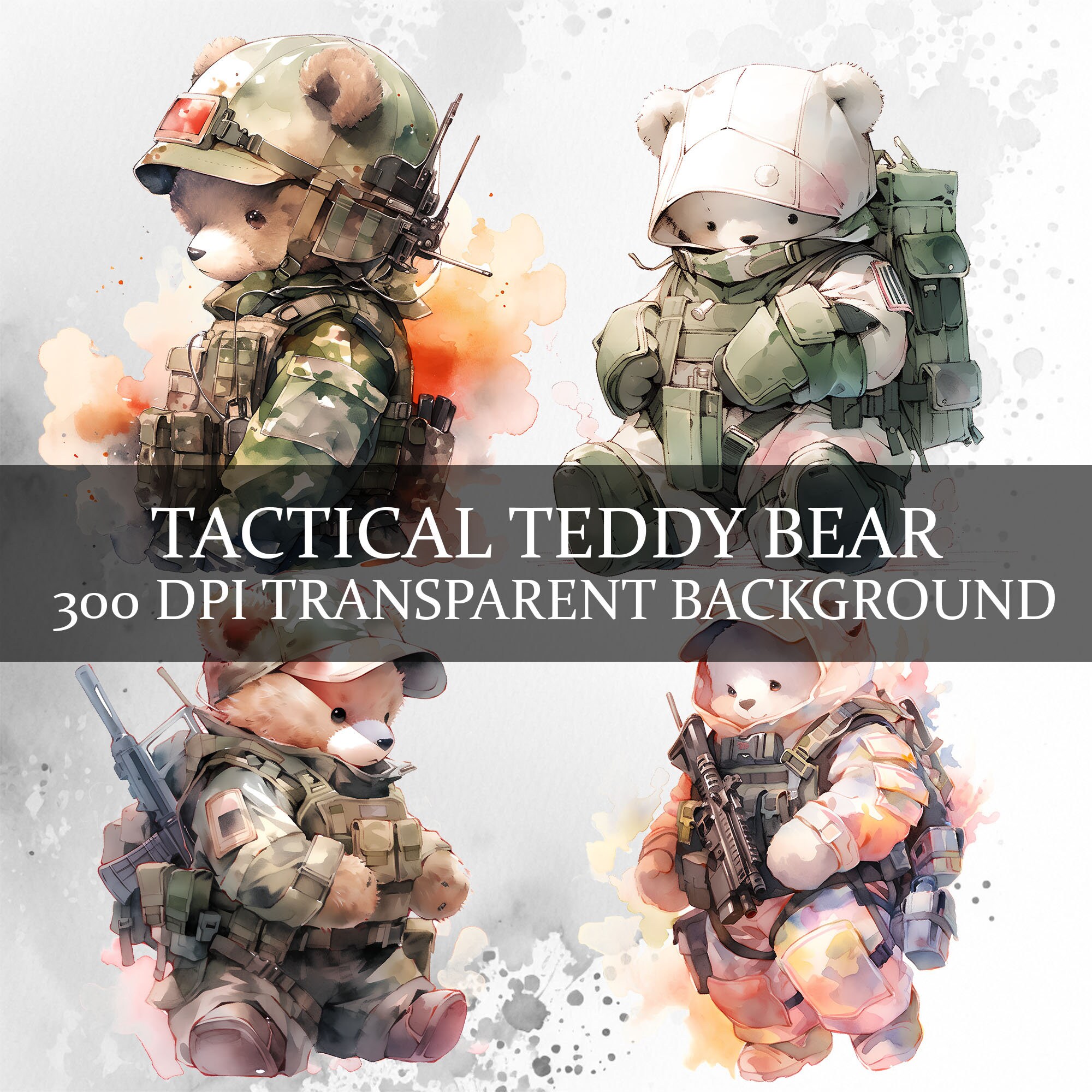 17 Watercolor Teddy Bear in a Tactical Suit PNG Army Teddy - Etsy