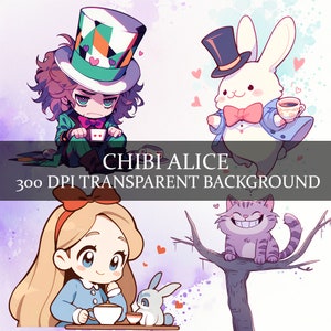 56 Alice in Wonderland Clipart Bundle, Chibi Cheshire Cat PNG, Mad ...