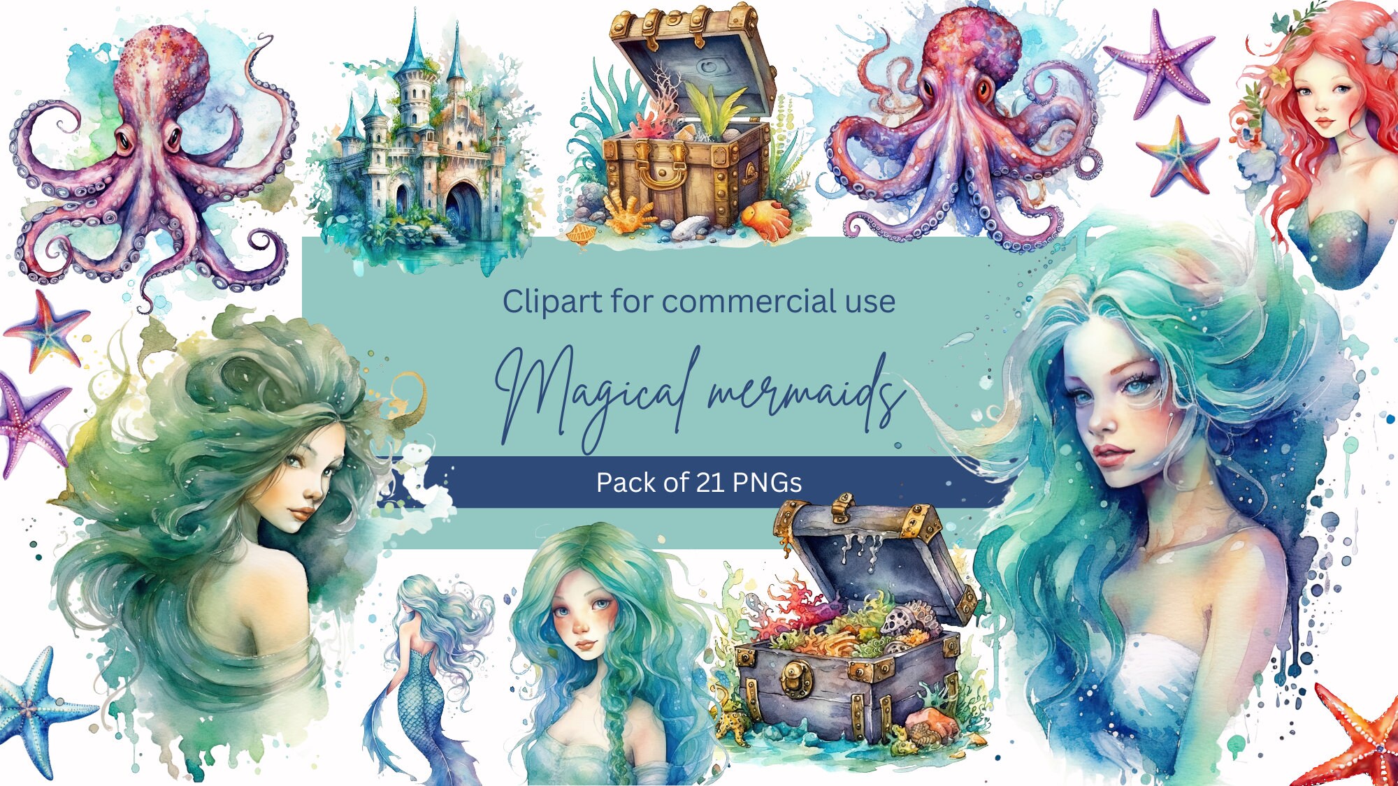 Magical Mermaid Clipart Pack Underwater Castles, Starfish, Octopus ...