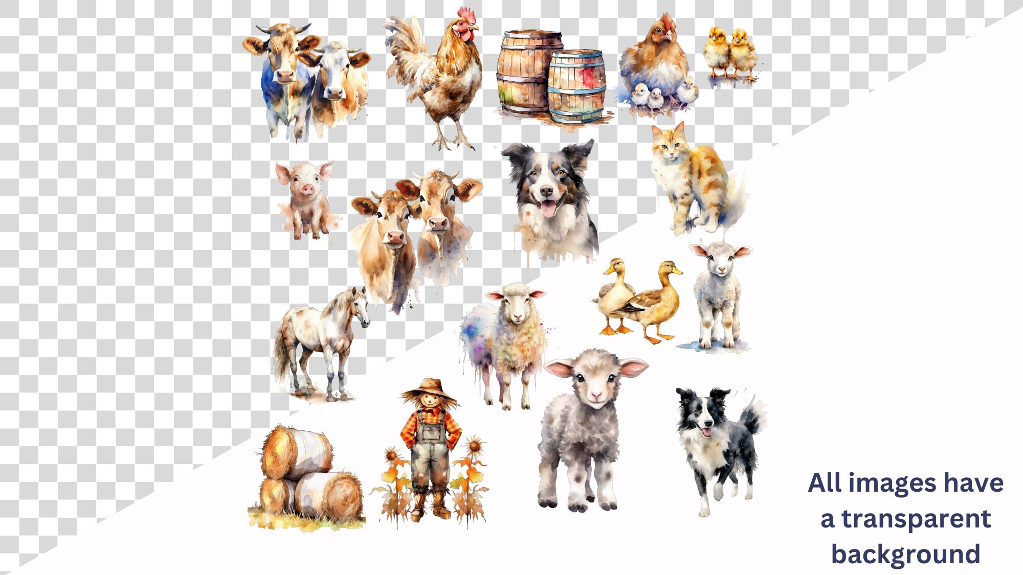 Watercolor Farm Clipart Bundle Cute Animals, Barn & Nursery Commercial ...