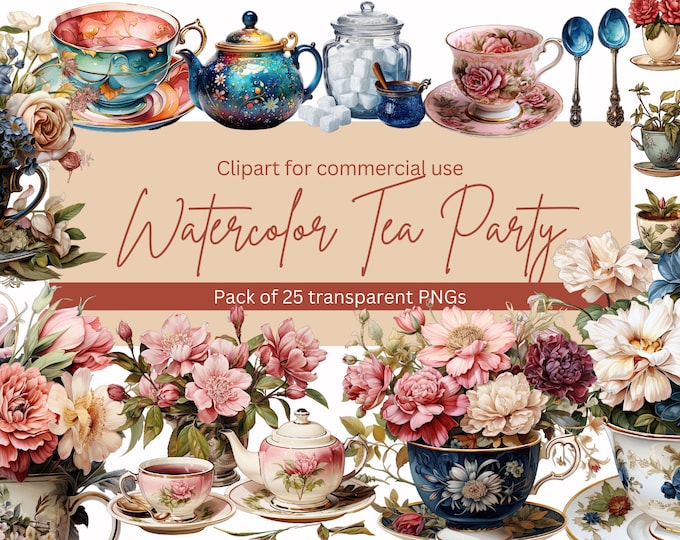 12 Watercolor Tea Cup Clipart, Printable Floral PNG, Digital Download ...