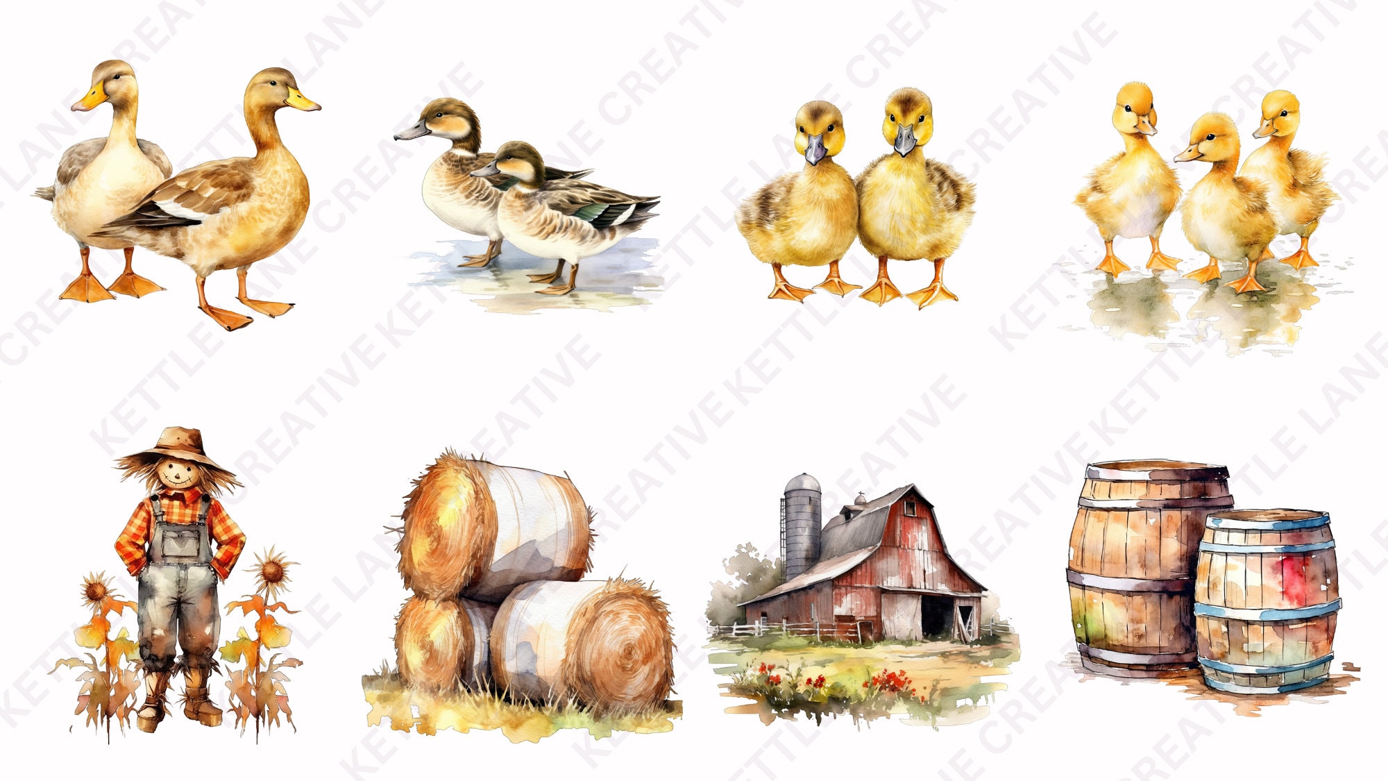 Watercolor Farm Clipart Bundle Cute Animals, Barn & Nursery Commercial ...