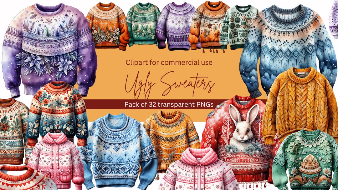Festive Ugly Sweater Clipart Pack, Watercolor Holiday Sweater ...