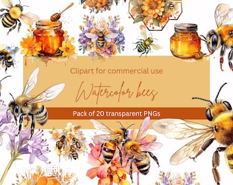 Watercolor Honey Bee Clipart, Spring Garden Bee and Honey Drips Clip ...