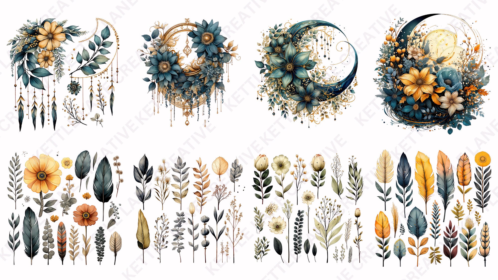 Boho Dreams Watercolor Clipart Bundle Transparent PNG Pack Feathers ...