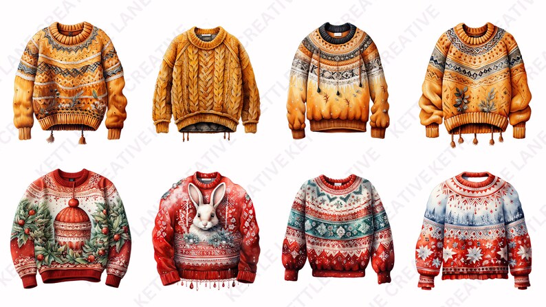 Festive Ugly Sweater Clipart Pack, Watercolor Holiday Sweater ...