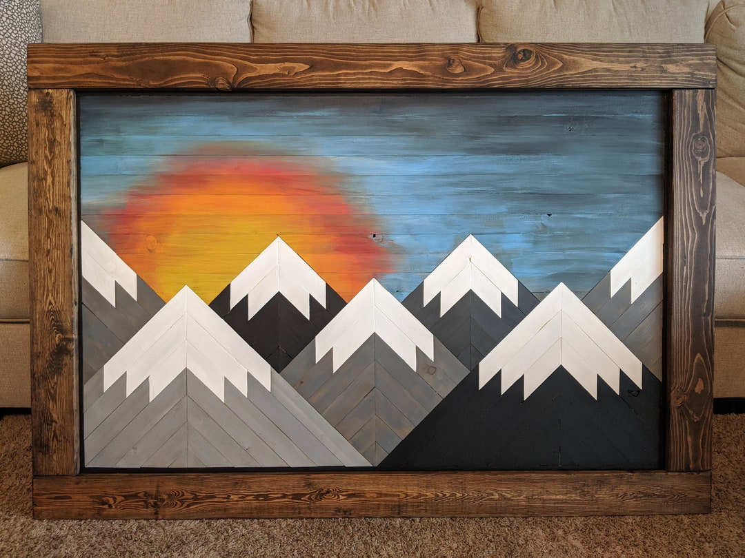 Handmade Wooden Sunset/sunrise Mountain Art Tall With Frame - Etsy