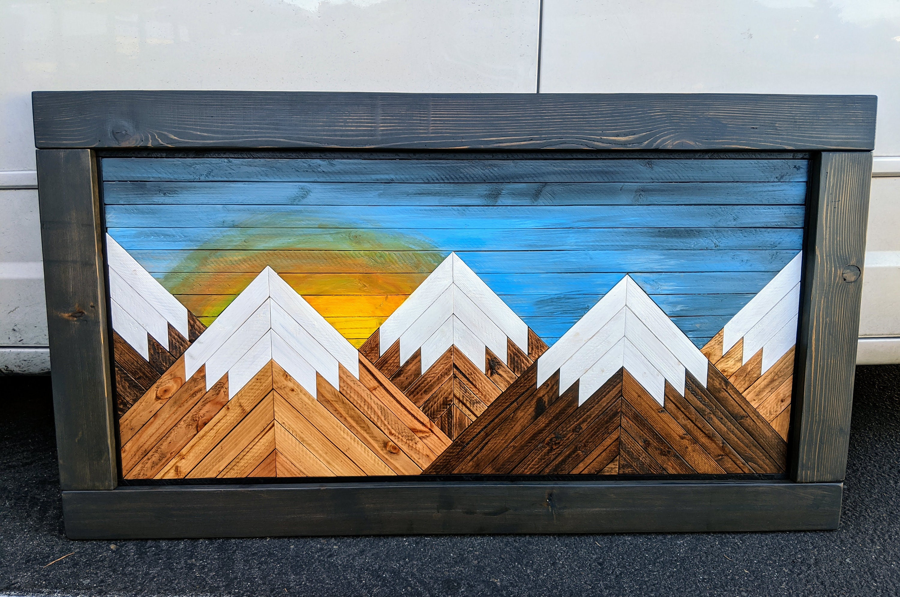 Handmade Wooden Sunset Mountain Art With Black Frame - Etsy