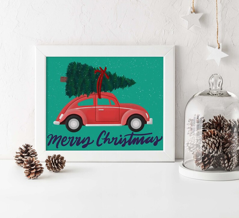 Vintage Car & Christmas Tree Illustration - Etsy