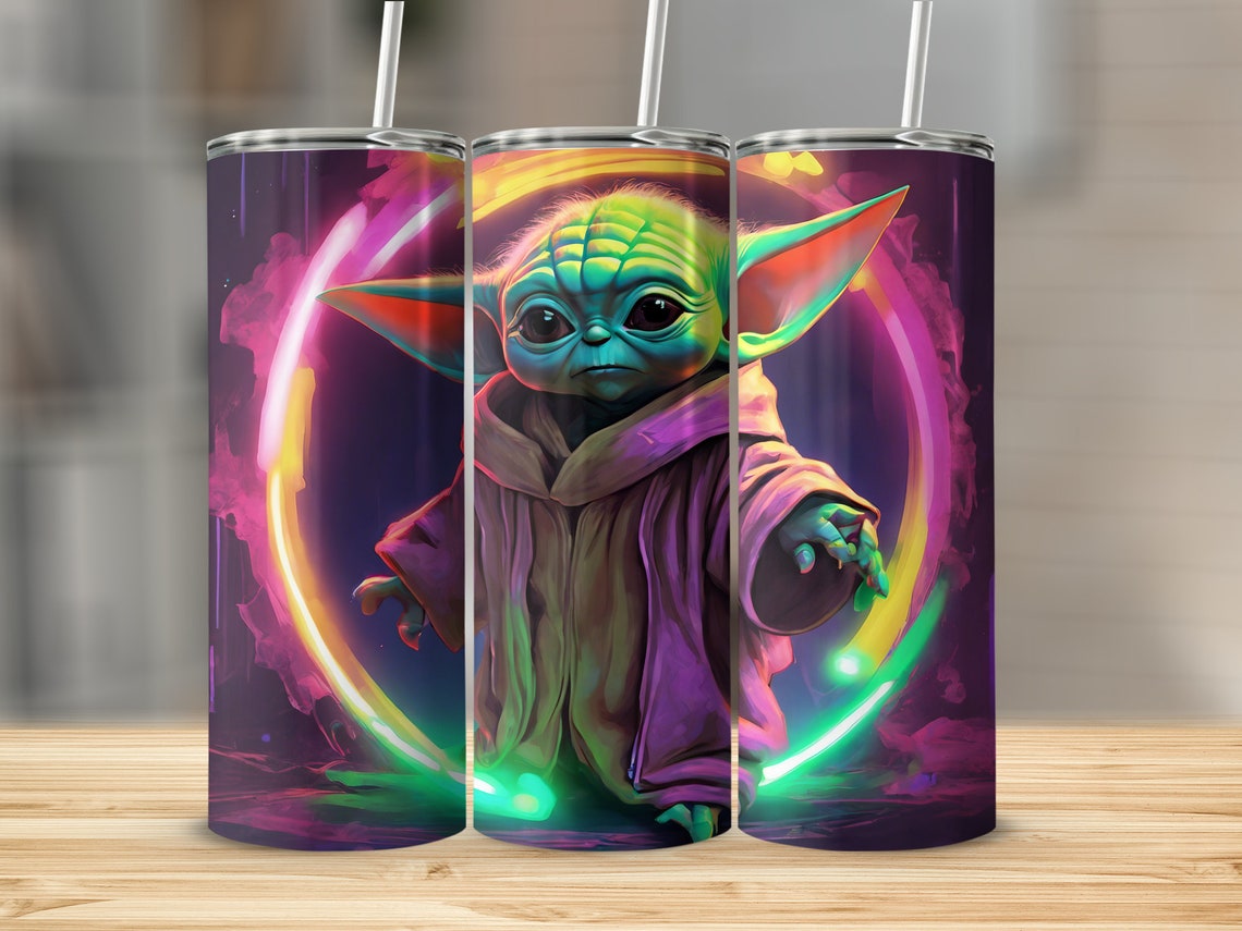 Baby Yoda Neon 20oz Skinny Tumbler Sublimation Design, Straight Wrap ...