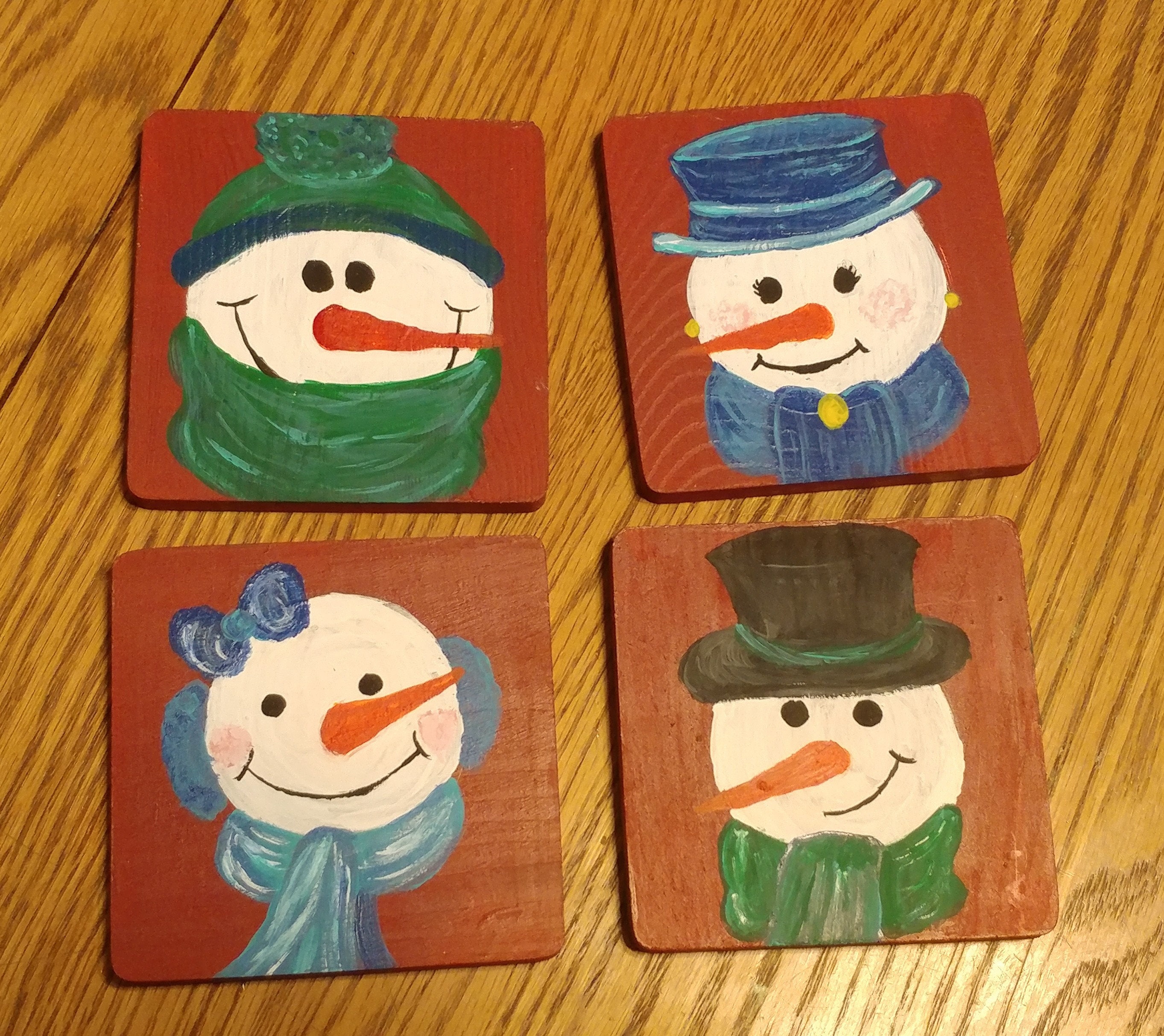 Hand Painted Snowmen Wooden Coaster Set - Etsy