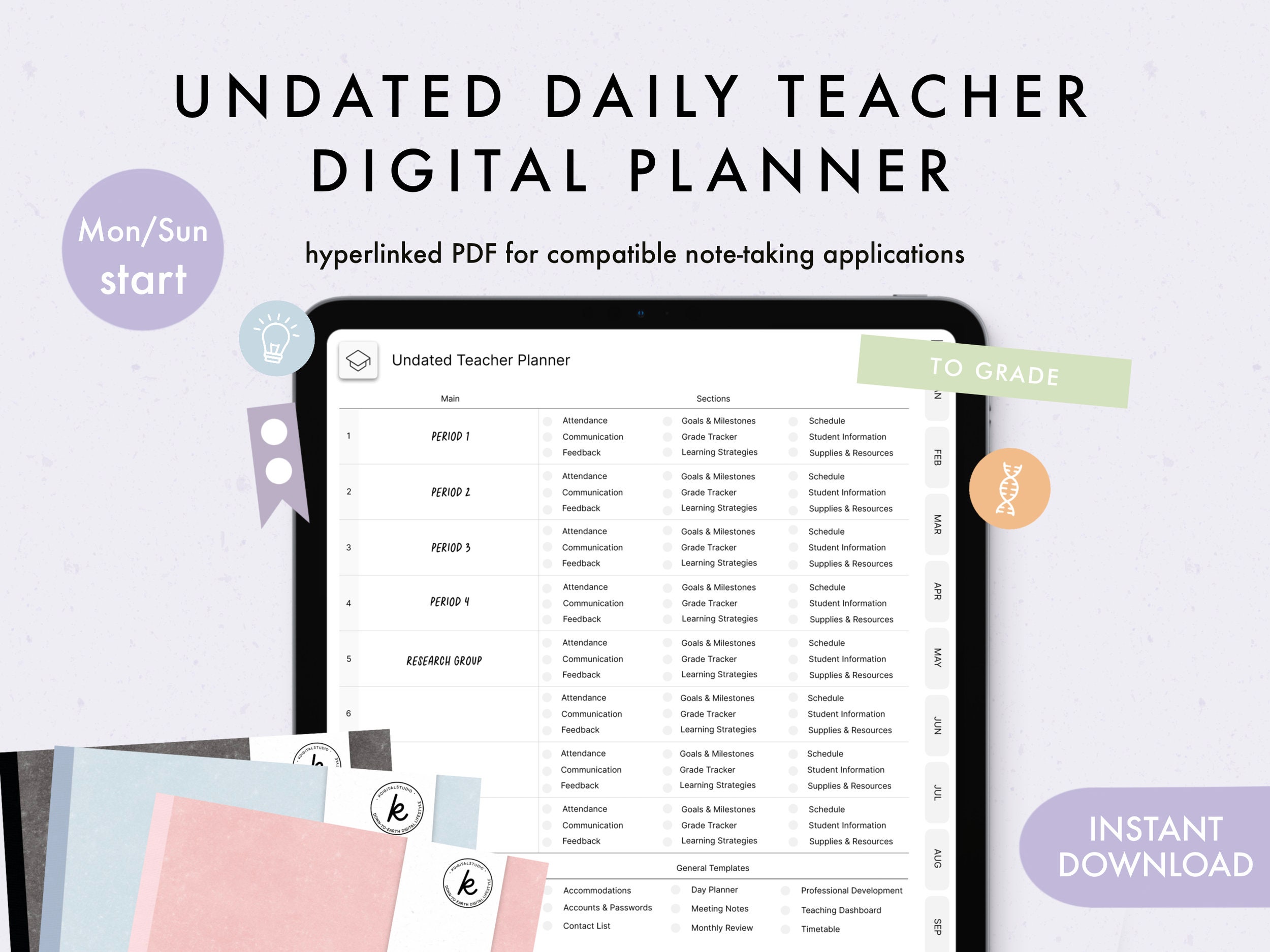Undated Portrait Daily Teacher Digital Planner Instant - Etsy