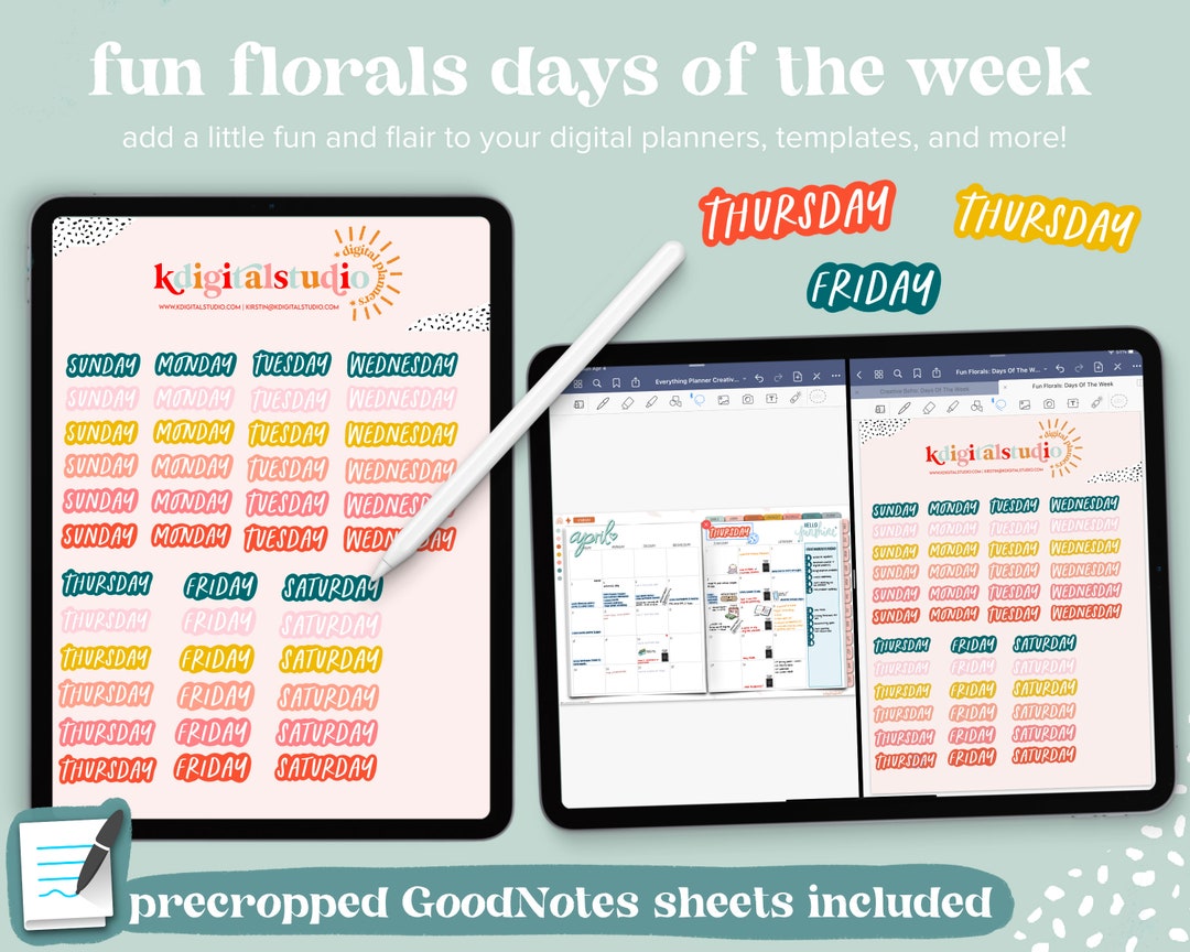 Days of the Week Digital Sticker Kit || Fun Florals Color Design ...