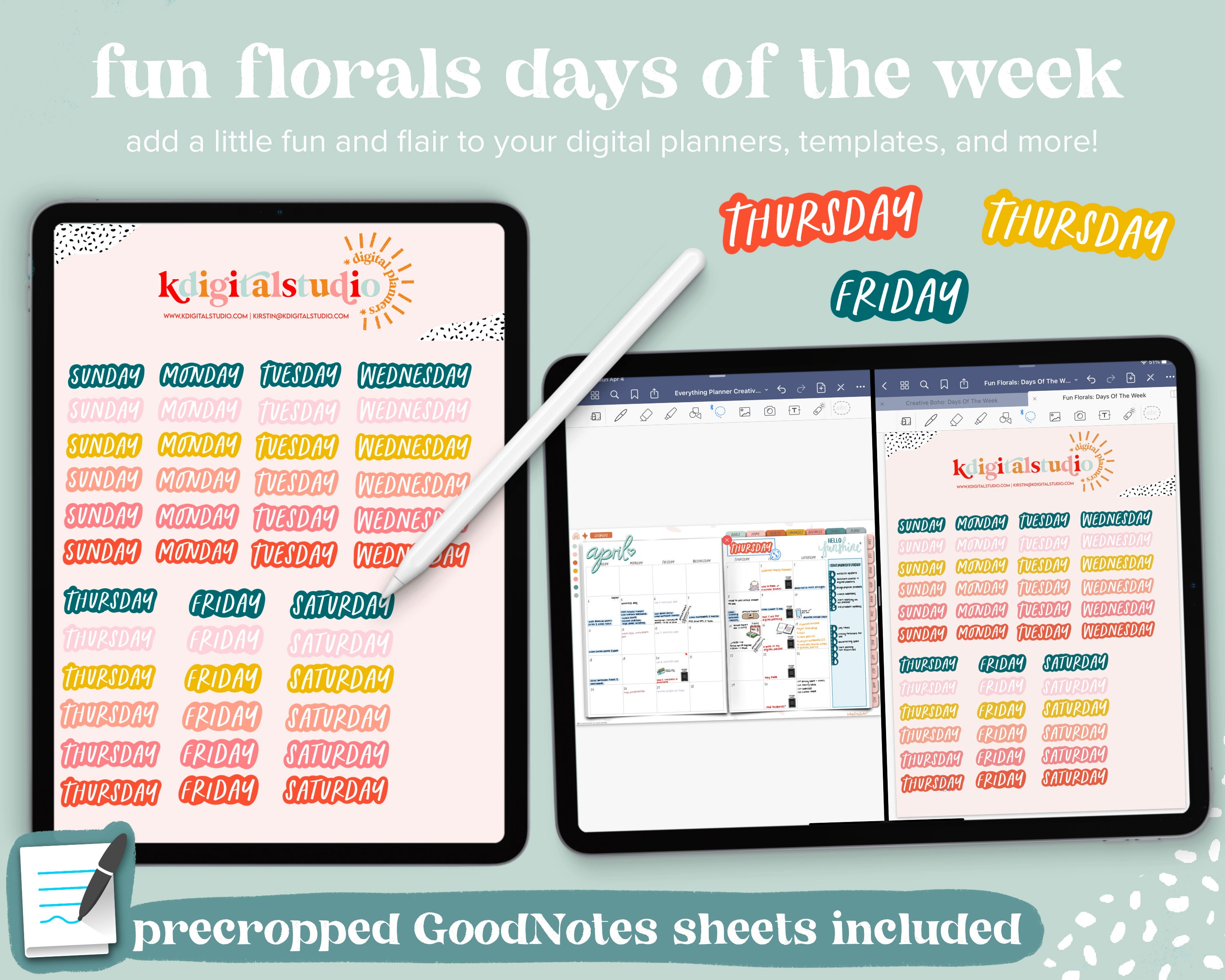 Days of the Week Digital Sticker Kit Fun Florals color | Etsy