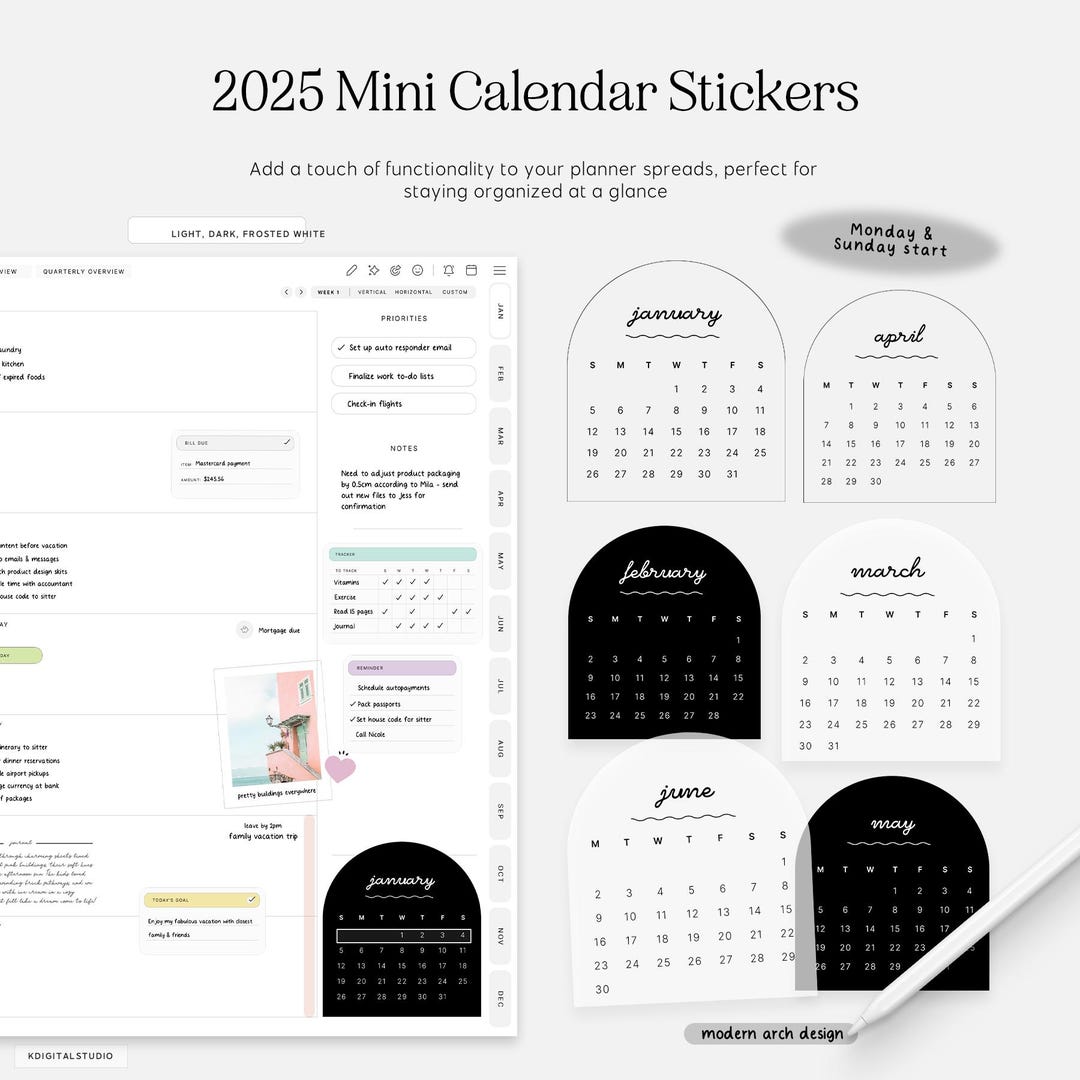 2025 Minimalist Mini Calendar Digital Stickers for Digital Planners ...