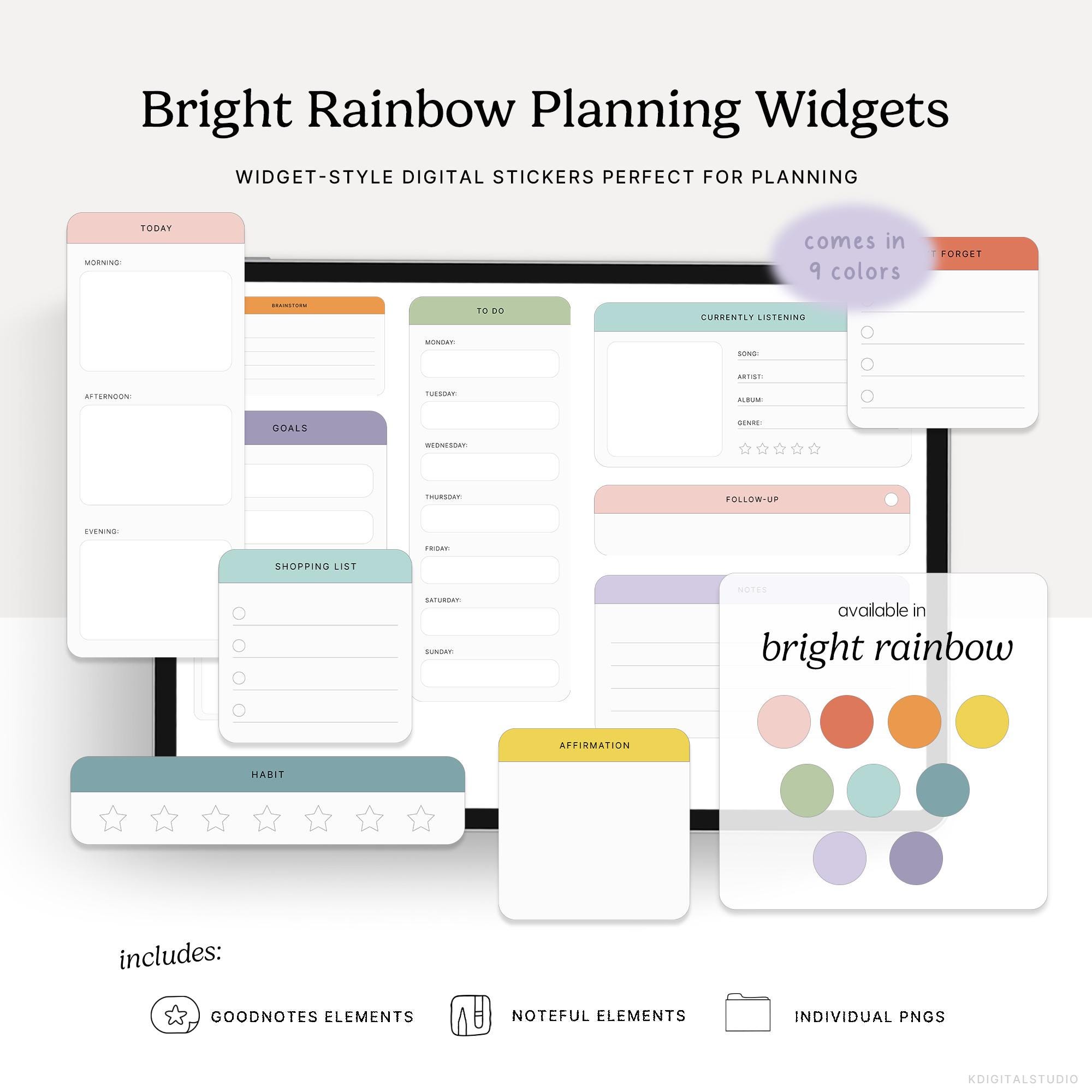 Bright Rainbow Planning Widgets, Goodnotes Elements, Noteful ...