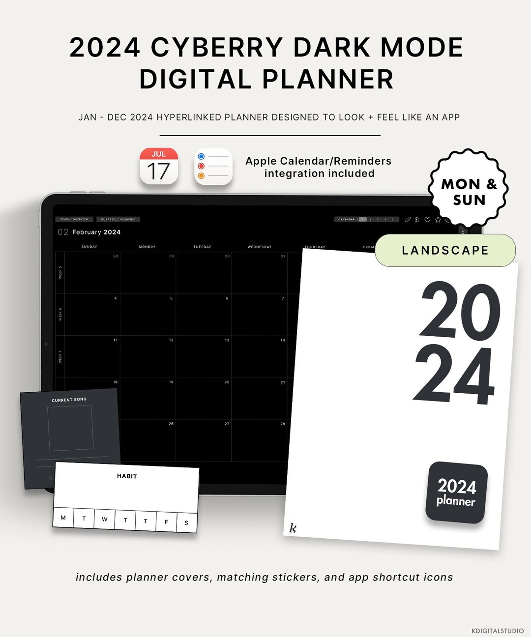 2024 Cyberry Dark Mode Digital Planner Landscape, Apple Calendar ...