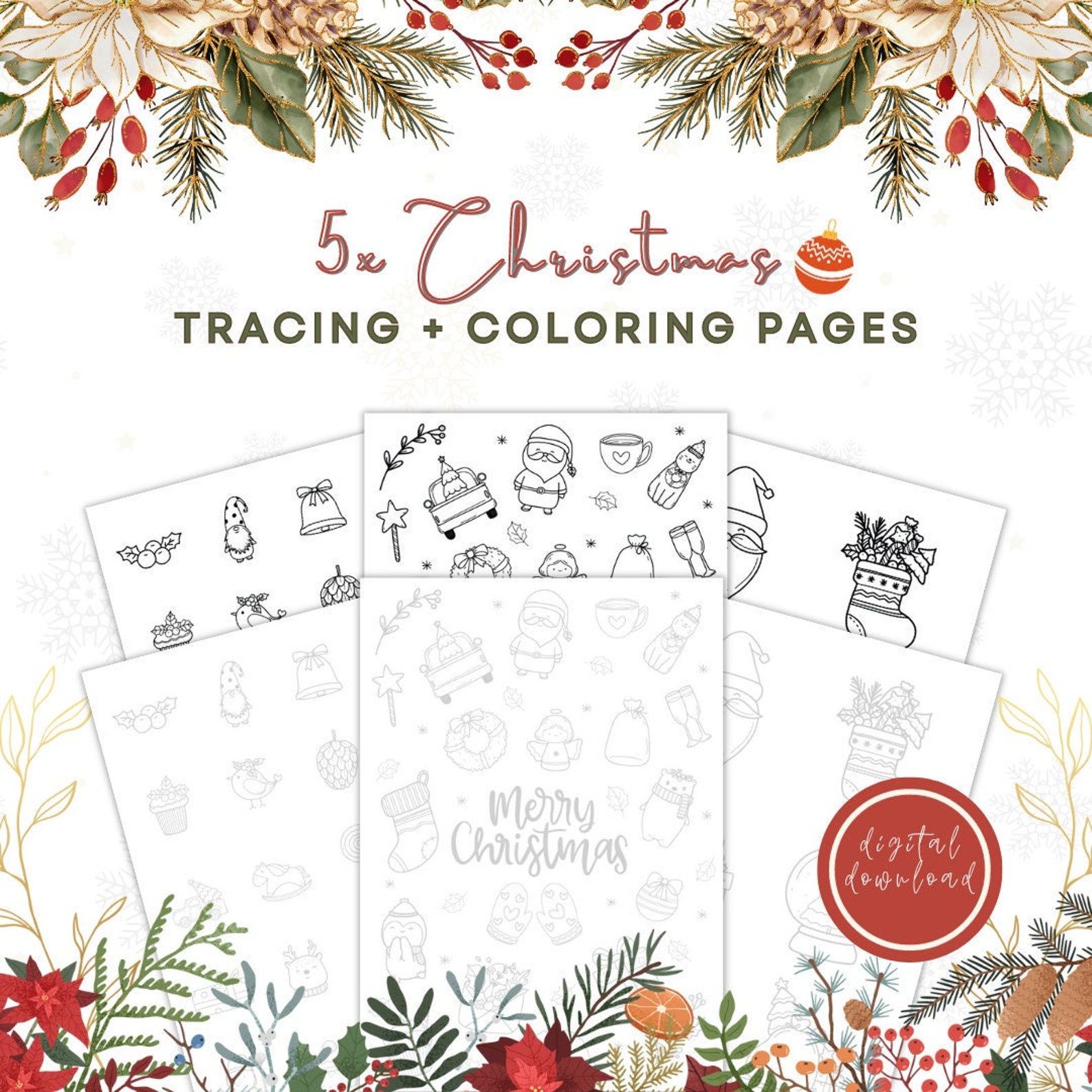5 Christmas Tracing + Coloring Pages I Instant Download I Mindfulness I ...