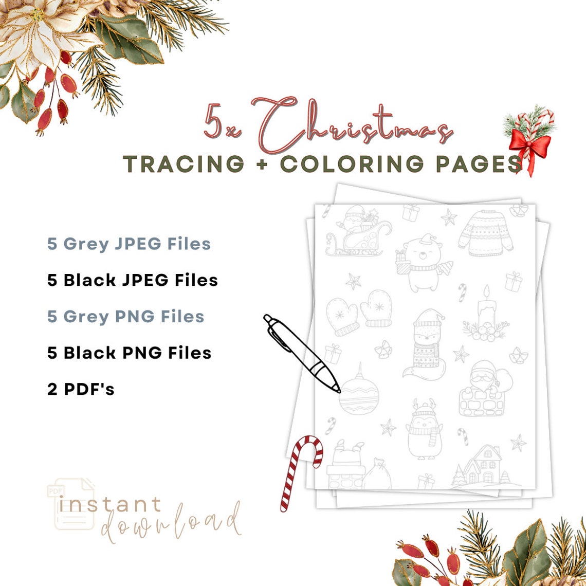 5 Christmas Tracing + Coloring Pages I Instant Download I Mindfulness I ...