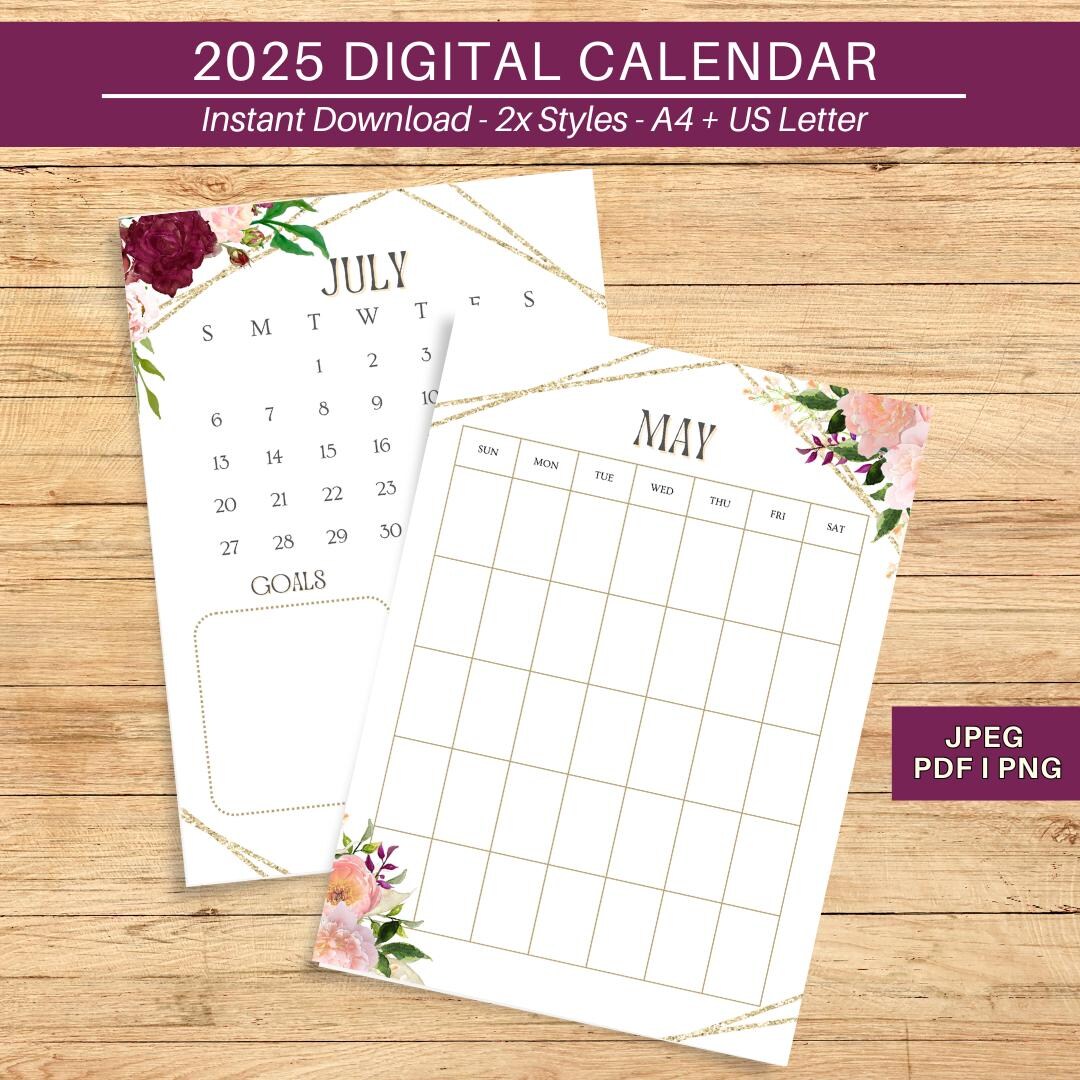 2025 Digital Calendar I PDF Download I 2x Styles I A4 I US Letter I ...