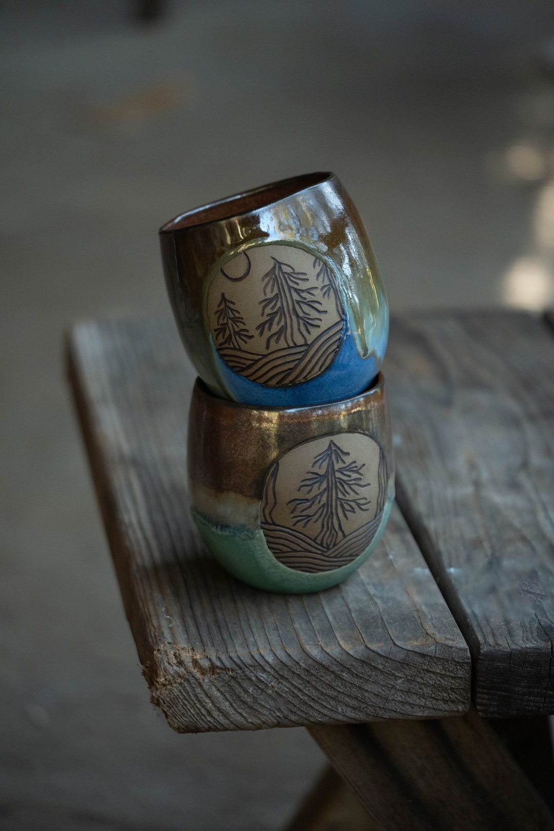 1 Earthy Mug Deep Forest Slip Cast Handleless Mug / Cups Sgraffito ...