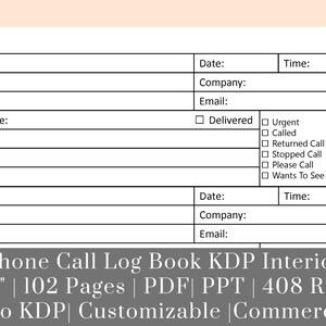Phone Call Log Book Printable 408 Records, 8.5" X 11" No Bleed | 102 ...