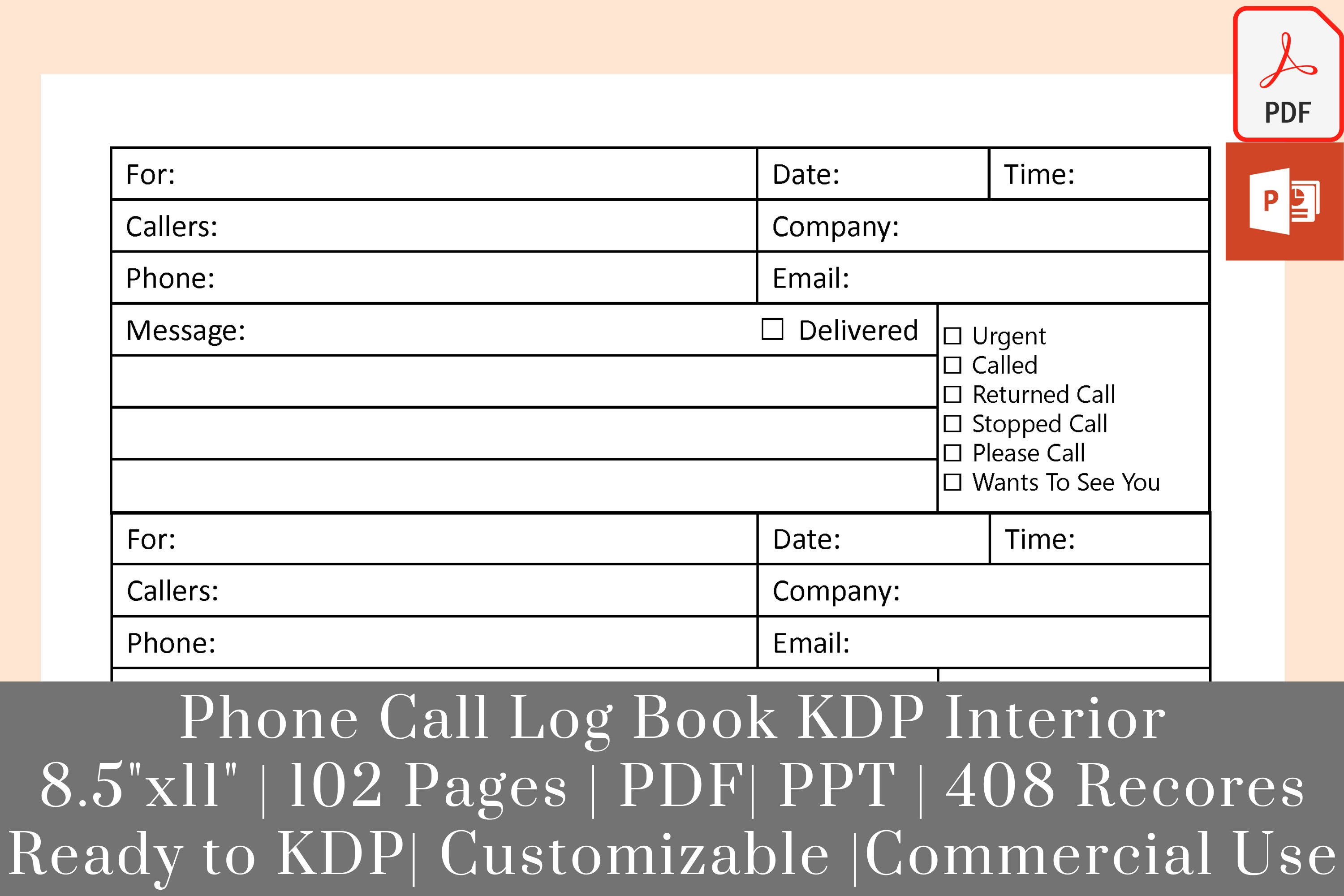 Phone Call Log Book Printable 408 Records, 8.5" X 11" No Bleed | 102 ...