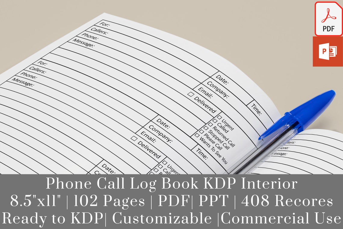 Phone Call Log Book Printable 408 Records, 8.5" X 11" No Bleed | 102 ...