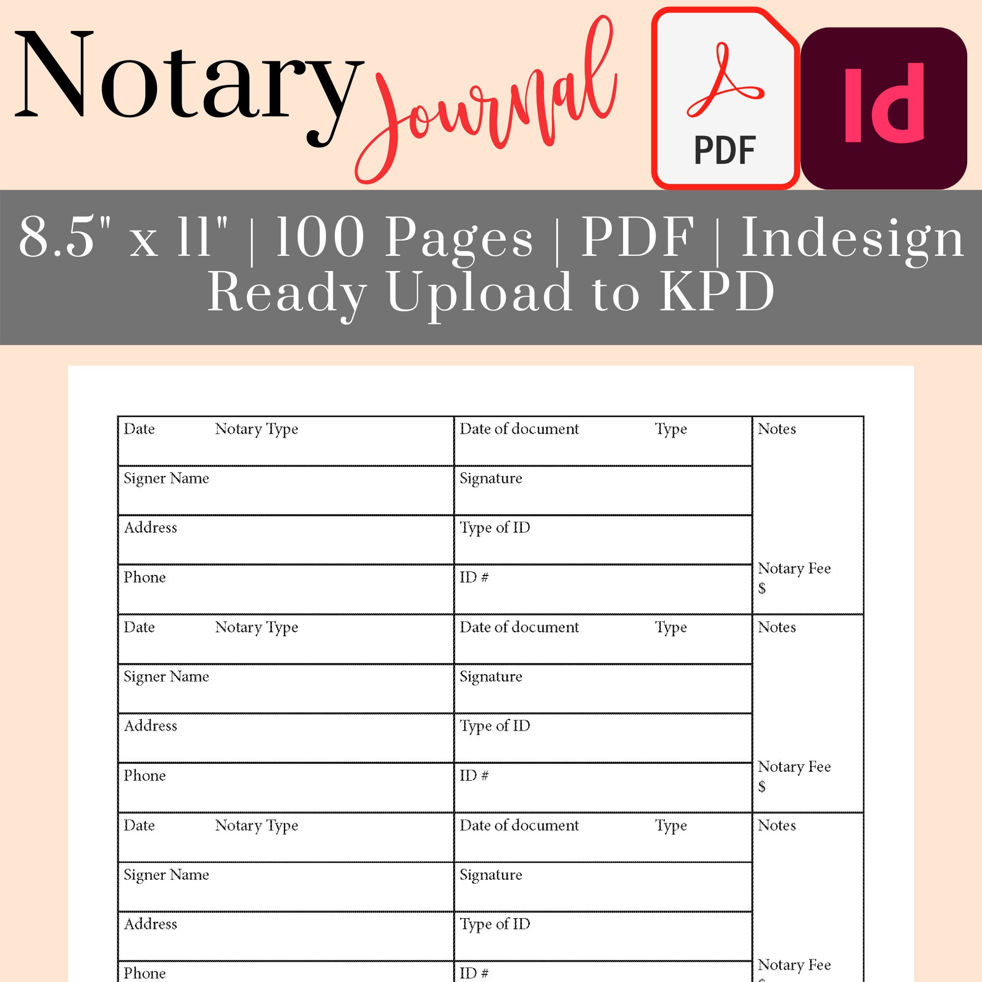 Notary Log Book (PDF, Indesign), Public Notary Records With Record ...