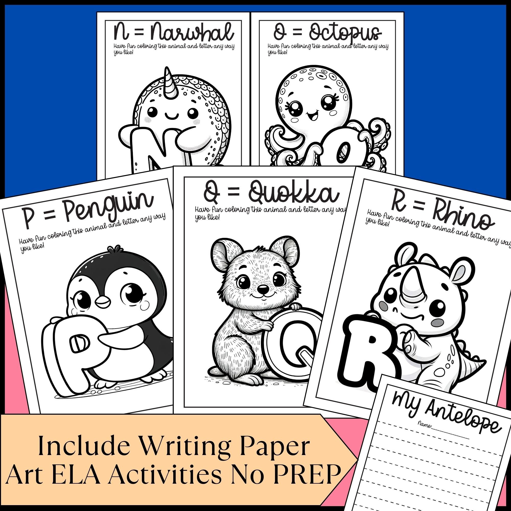 Animal Alphabet Coloring Pages | Writing Paper Art ELA Activities No ...