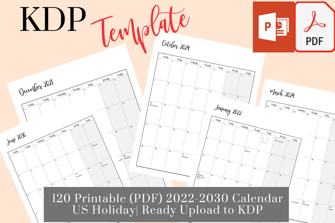 10 Years Calendar, 2022-2030 Calendar Template (PDF, PPT) With US ...