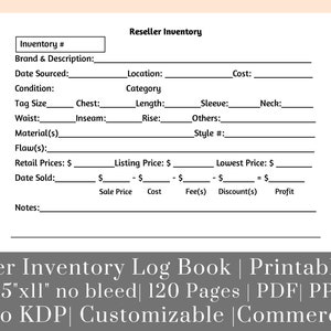 Clothing Reseller Inventory Log Book Printable Kdp 8.5x11 No Bleed 120 ...