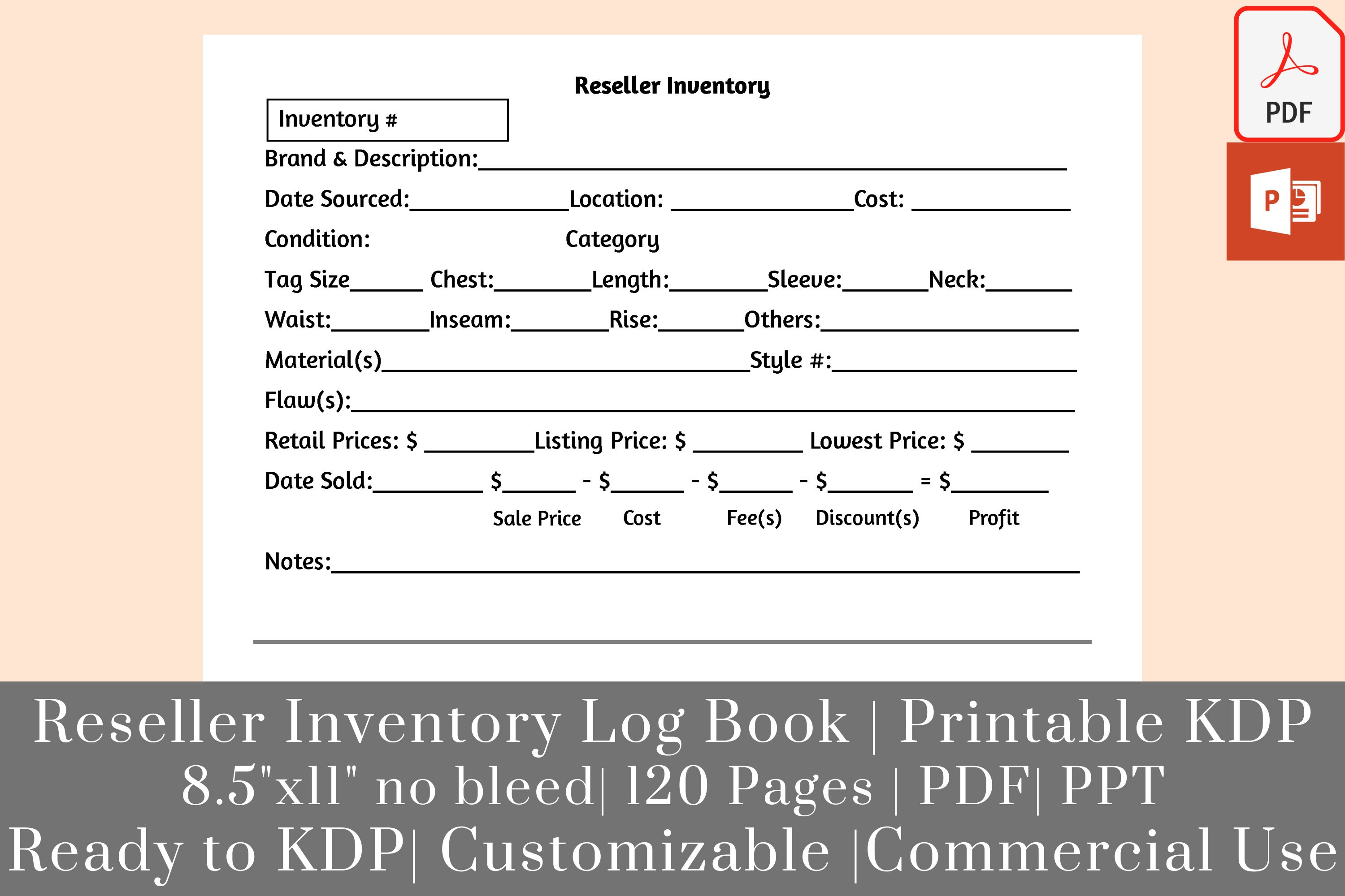 Clothing Reseller Inventory Log Book Printable Kdp 8.5x11 No Bleed 120 ...