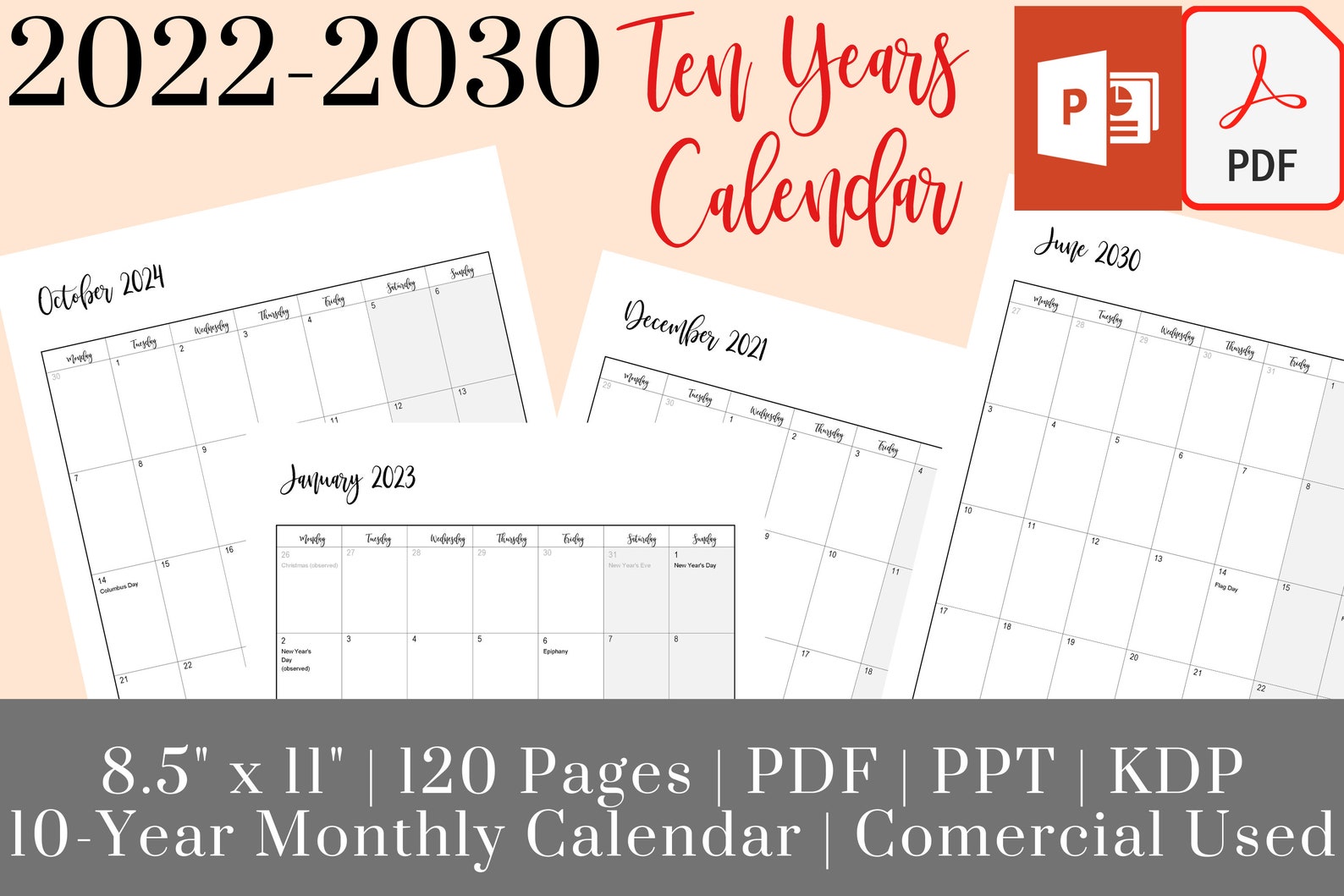 10 Years Calendar, 2022-2030 Calendar Template (PDF, PPT) With US ...