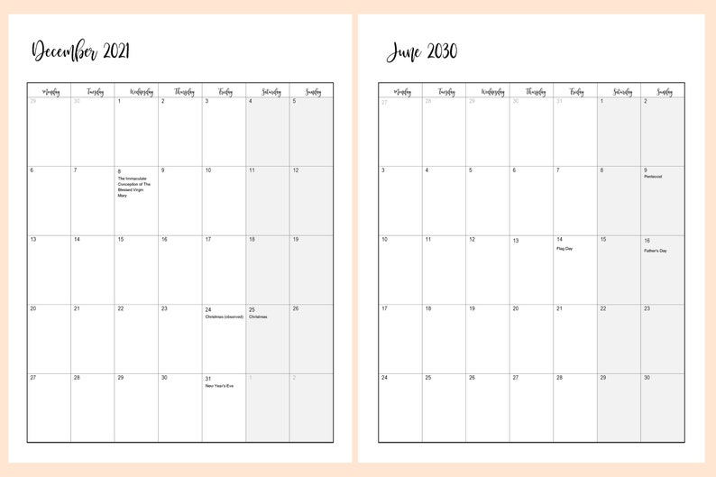 10 Years Calendar, 2022-2030 Calendar Template (PDF, PPT) With US ...