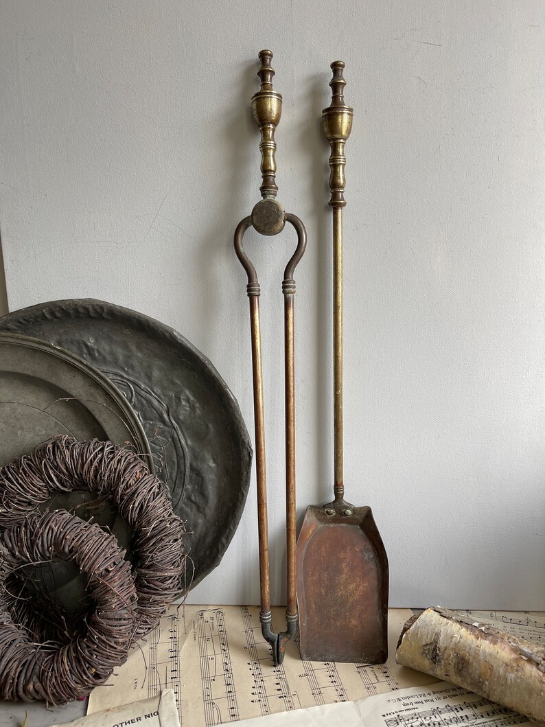 Antique Brass Tongs and Shovel Fireplace Tools Set Fire - Etsy