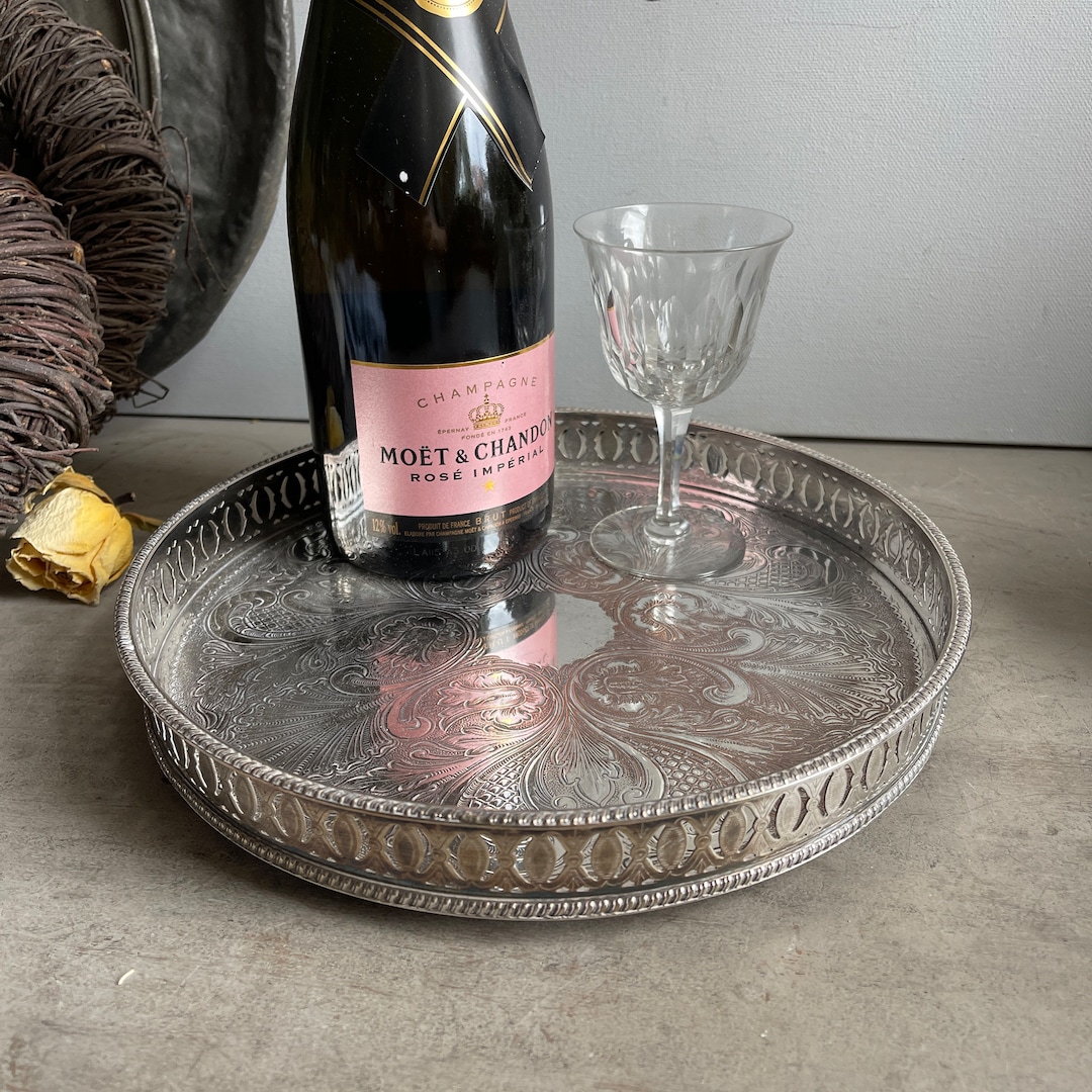 English Vintage Silverplate Galleried Round Serving Tray. Silver Salver ...