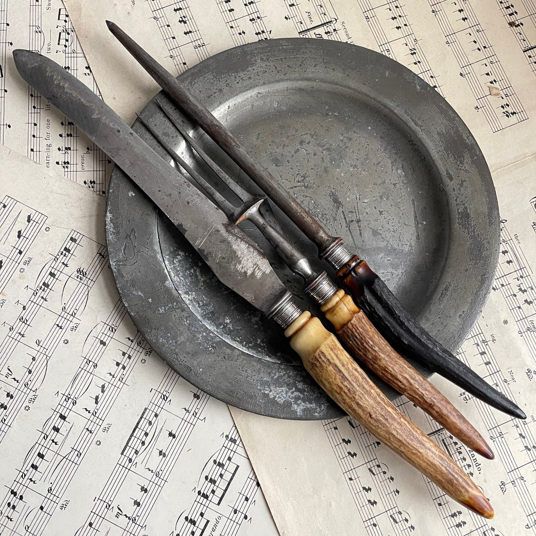 Antique Antler Handled Carving Set. Silver Ferrules. Antique Flatware ...