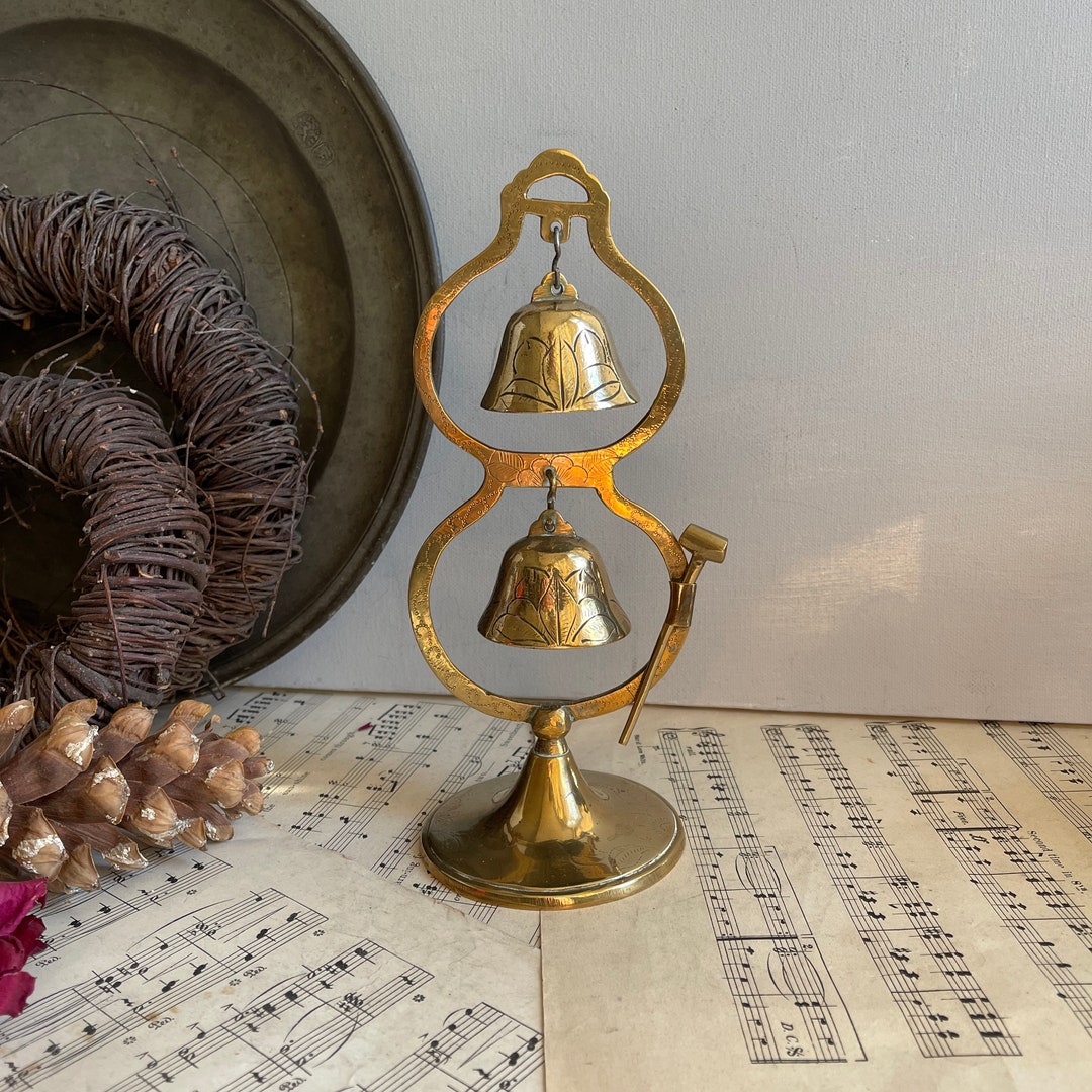 Vintage Brass Double Bell / Gong on Stand With Striker - Meditation ...