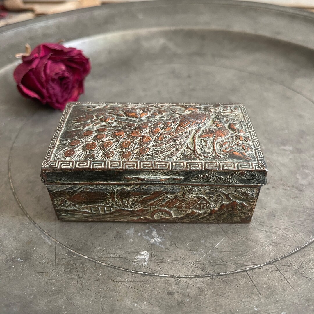 Vintage Oriental Peacock Copper Box, Ring Box, Vanity Table, Chinese ...