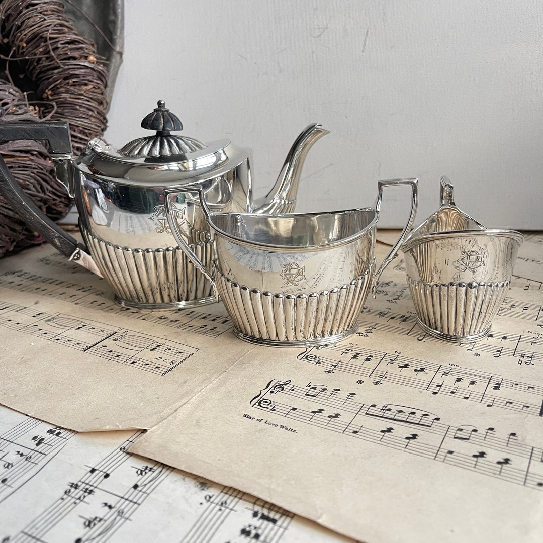 Antique Silver Plated Bachelor Tea Set, Teapot, Creamer, Sugar Bowl ...