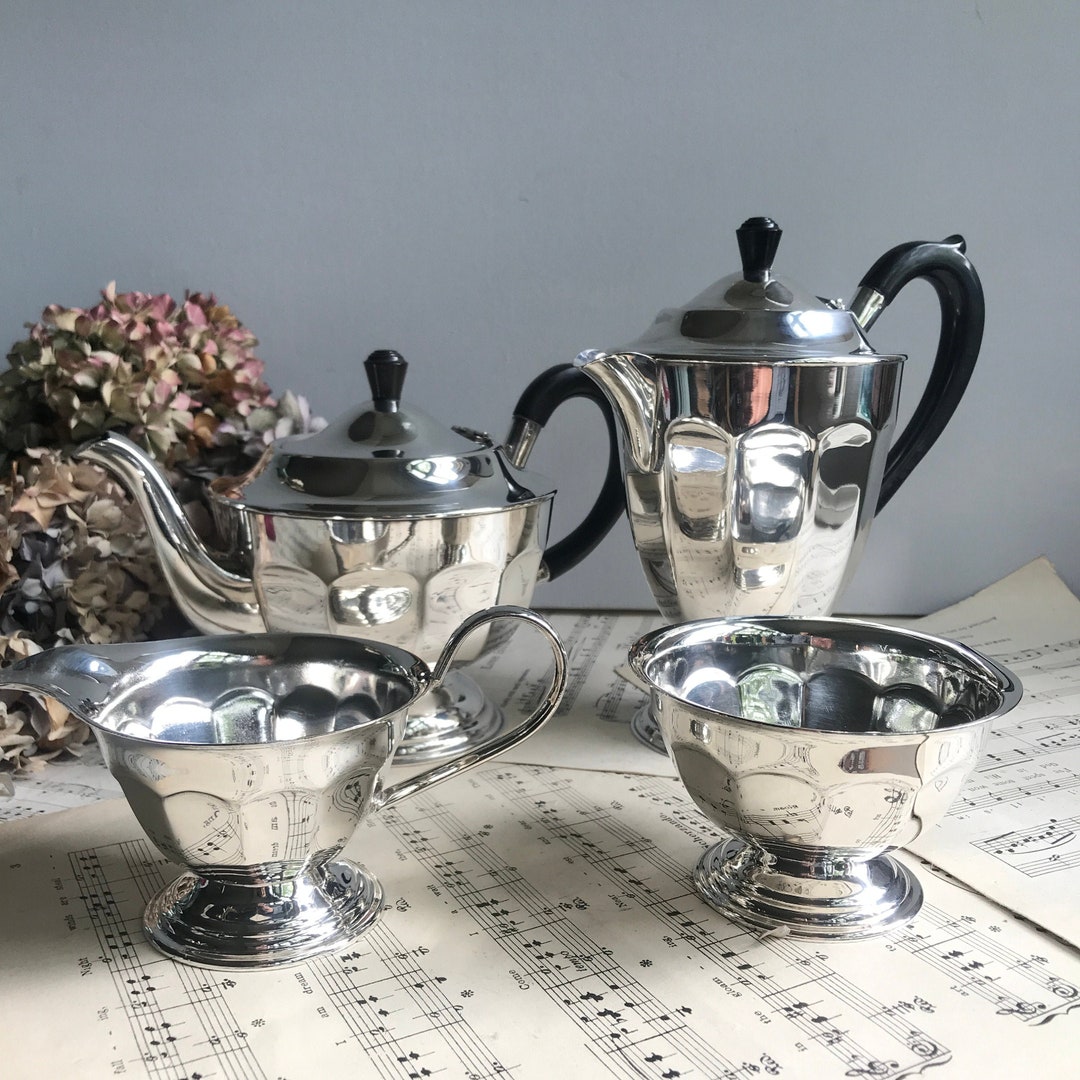 Vintage 4 Piece Silver Plated Tea Set, Tea Pot, Sugar Bowl, Milk Jug ...
