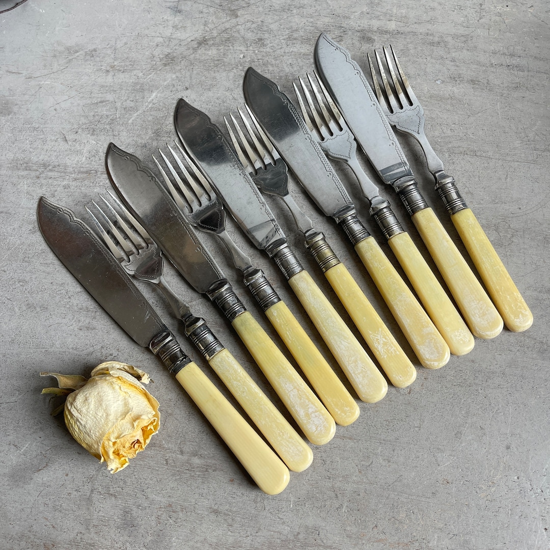 Vintage Antique Fish Cutlery Silver Plated Set of 5. Faux Bone. Ivorine ...