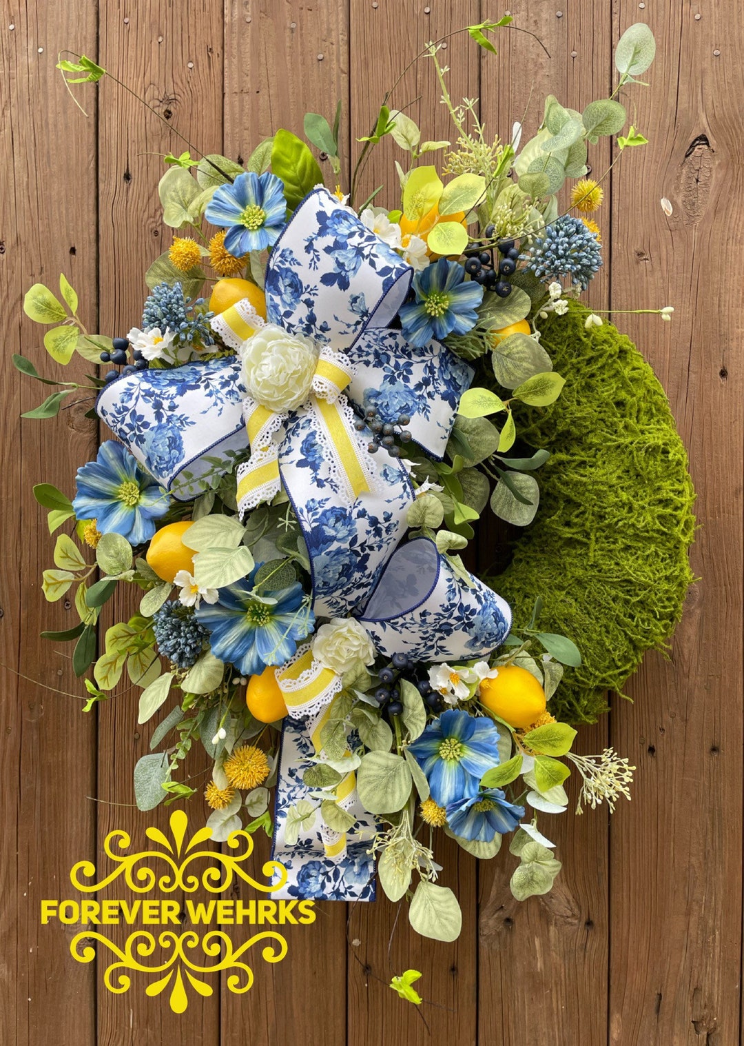 Lemon Wreath, Lemon Blueberry Wreath, Spring Moss Wreath, Floral Home ...