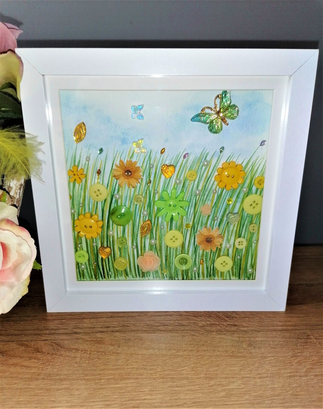 Yellow Flower Box Frame With Buttons, Home Decoration - Etsy