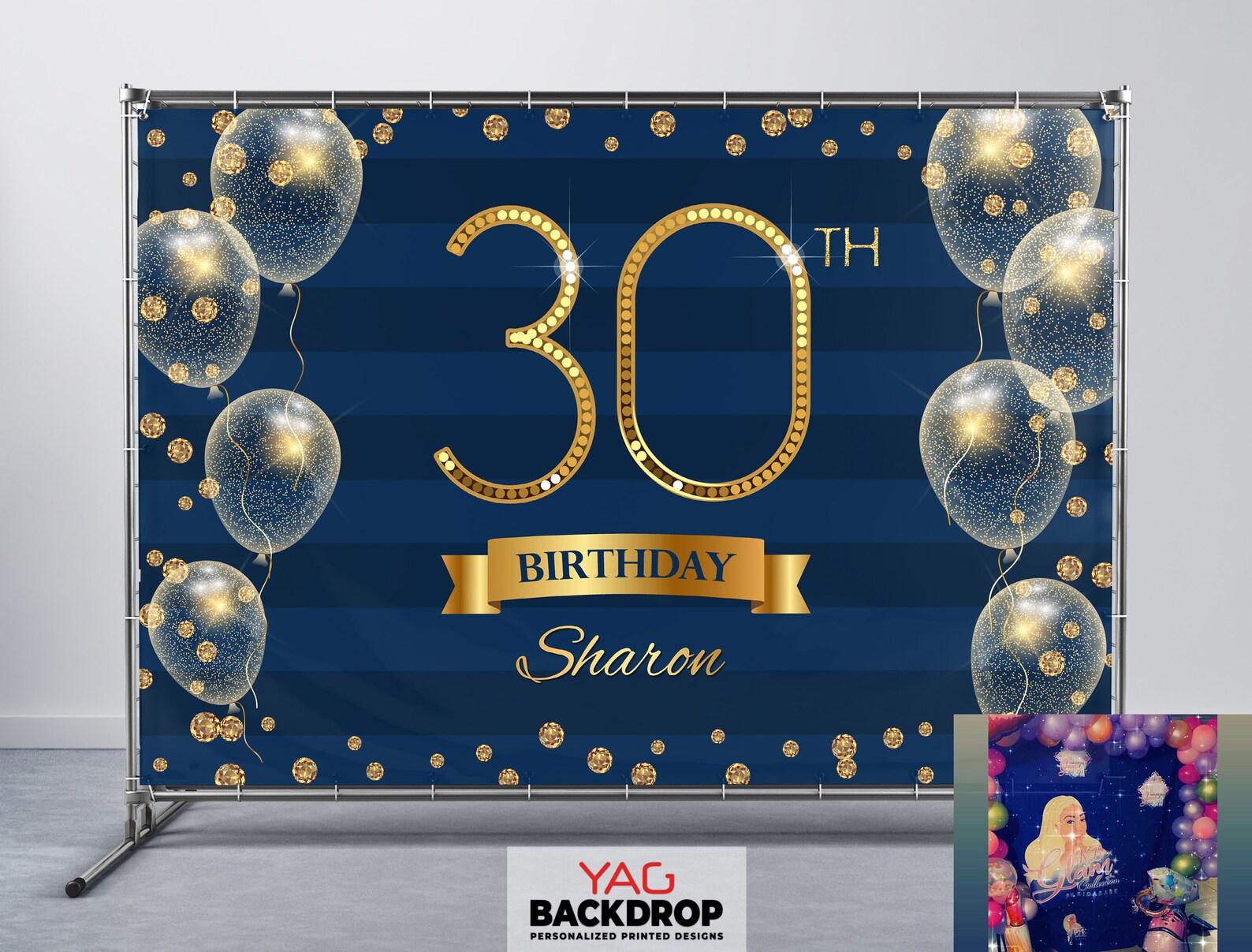 30th Birthday PRINTED Backdrop Blue & Gold Background Balloons - Etsy