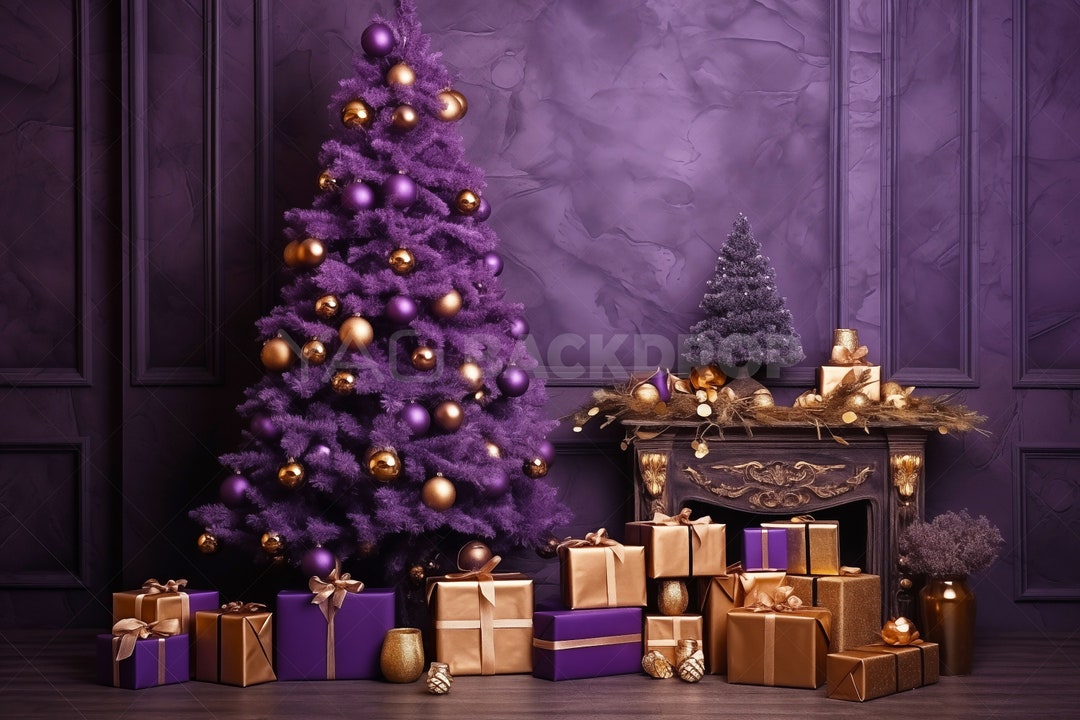 Purple Gold Christmas Tree Gift Box Printed Vinyl or Polyester Backdrop ...