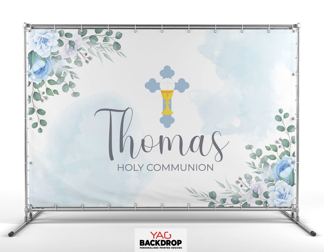 Buy Backdrop First Holy Communion for Boy Blue Floral Frame God Bless ...